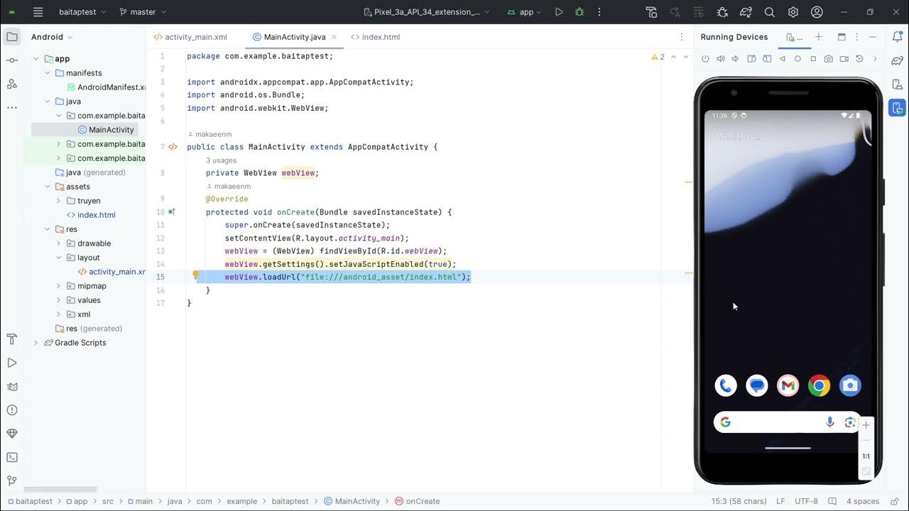 Thử test Webview trên Android Studio chạy html file - YouTube