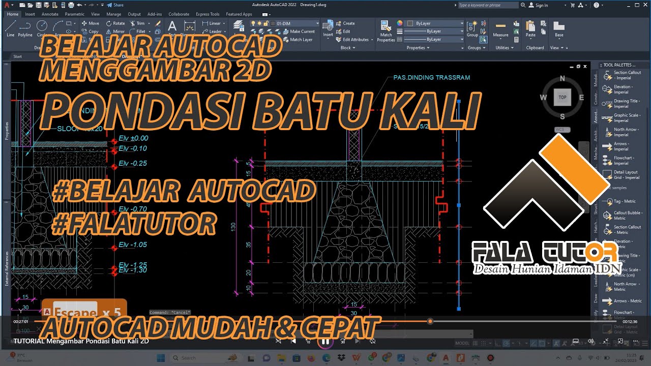 TUTORIAL Mengambar Pondasi Batu Kali 2D AUTOCAD - YouTube