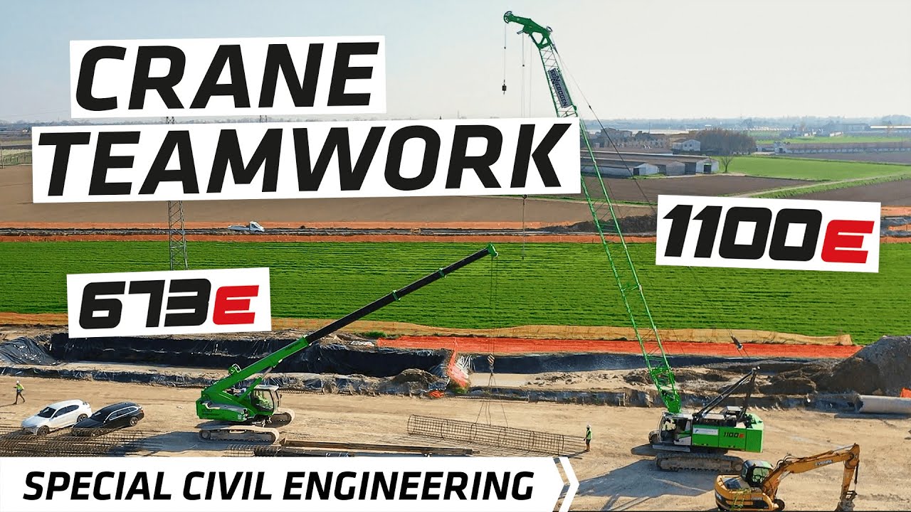 Crane teamwork during railroad constructions - SENNEBOGEN 673 E & 1100 ...