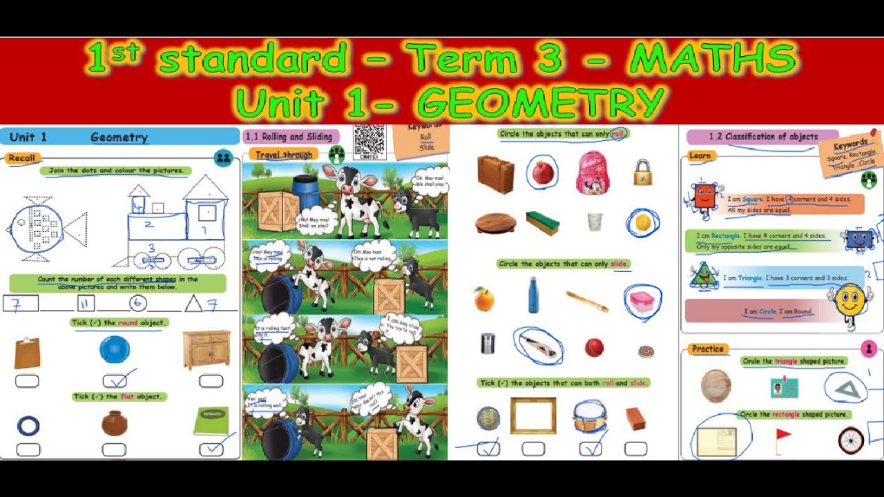 1st STANDARD - TERM 3 - MATHS - UNIT 1 - GEOMETRY (with explanation and ...