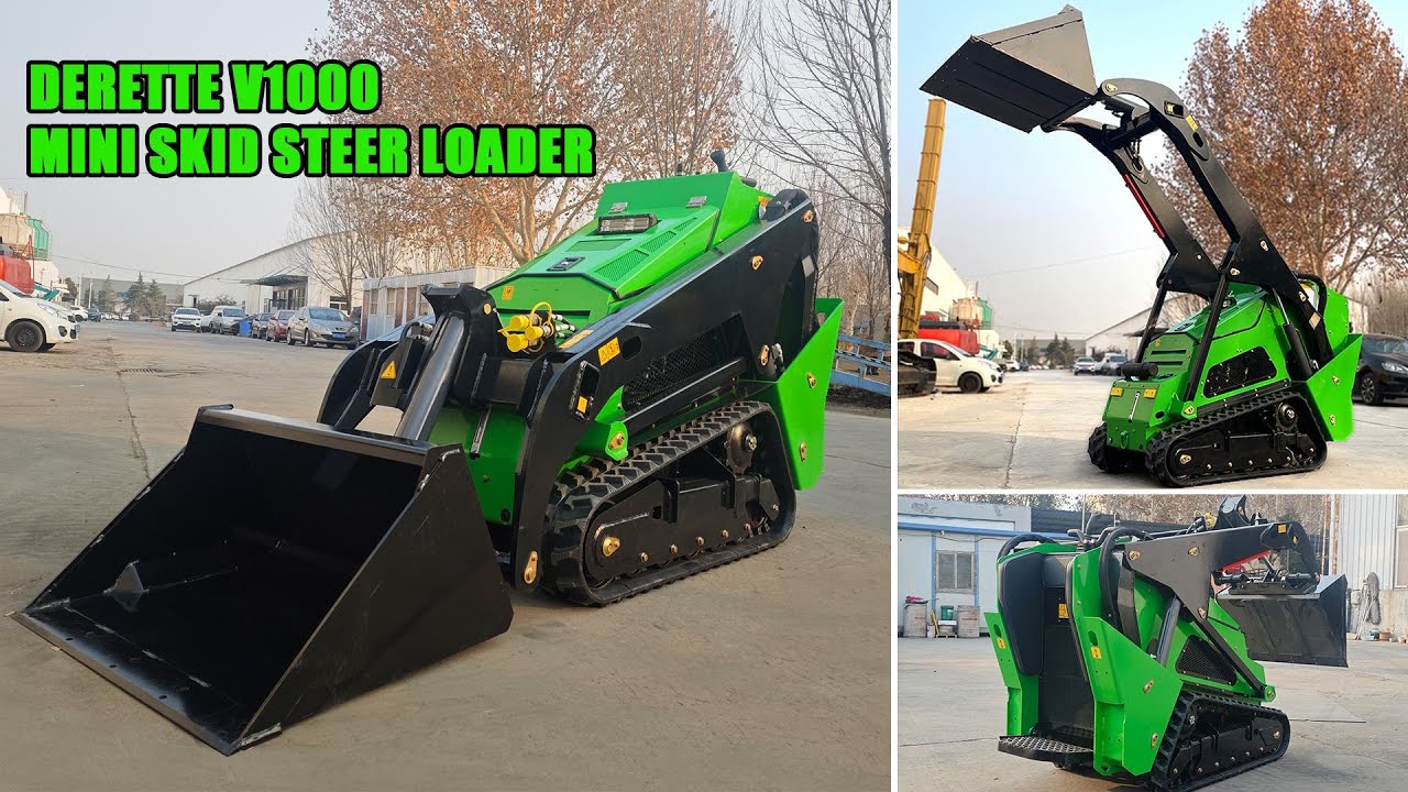 Derette V1000 mini skid steer loader featuring a green and black color ...