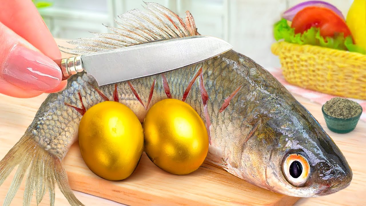 Catching Fish Experiment and Cooking Fish Omelette in Miniature Kitchen ...