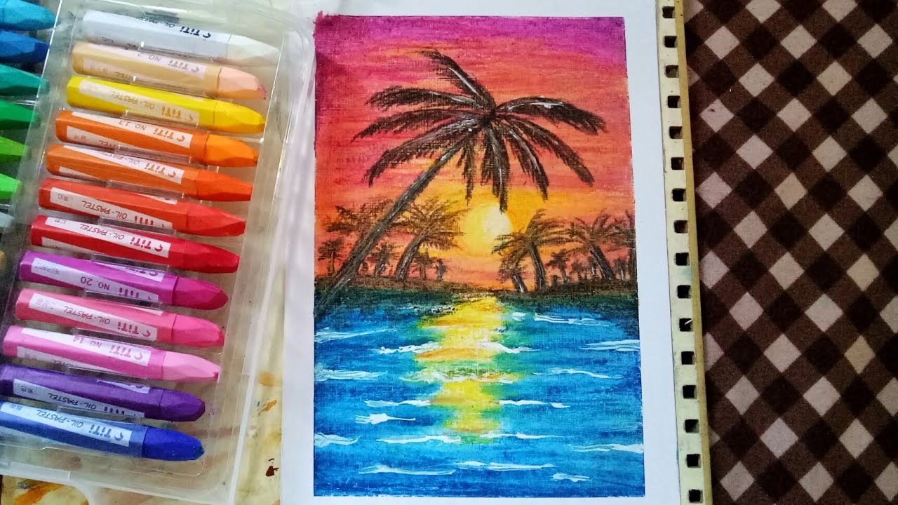 oil pastel sunset landscape || menggambar pemandangan dengan krayon oil ...
