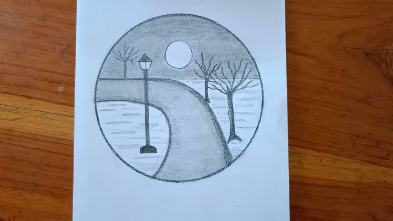 Moonlight scenery//how to draw scenes//easy to draw //pencil sketching ...