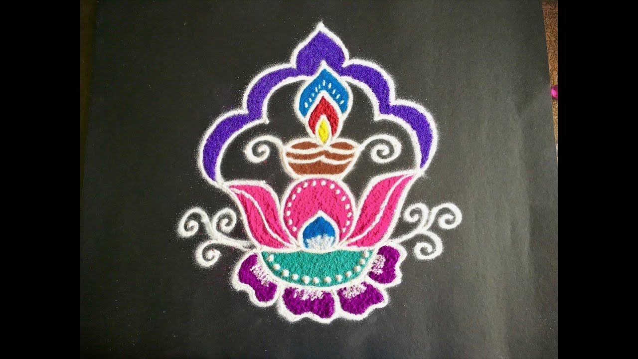 Simple Lotus Flower & Deepa Rangoli Design with Colours & Dots 7X4 for ...