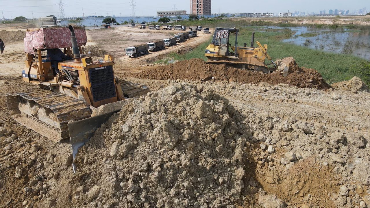 Astounding, Big Construction Dike Building Process Big Dozer Move Dirt ...