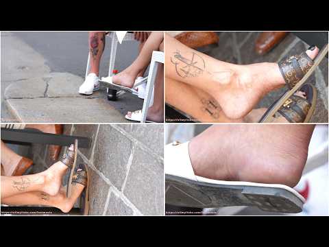 Candid two different amazing feet slippers dangling.