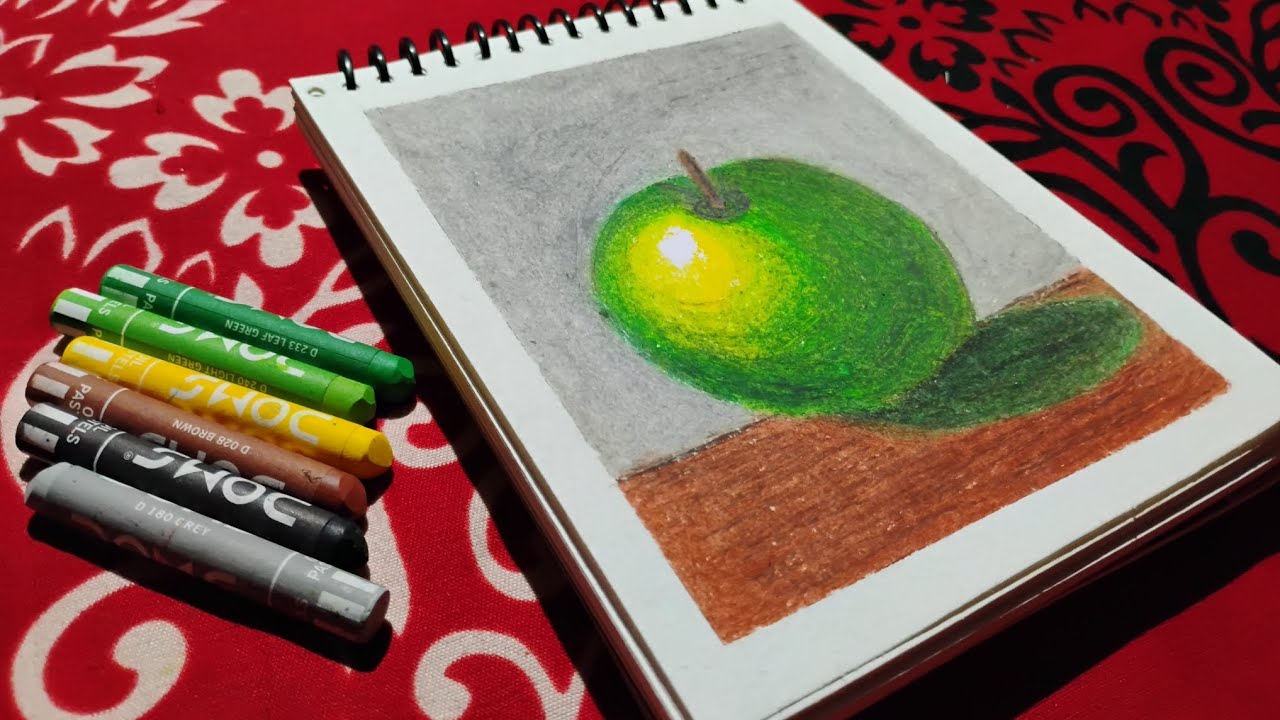 Oil pestle drawing step by step/Green apple drawing/oil pestle drawing ...