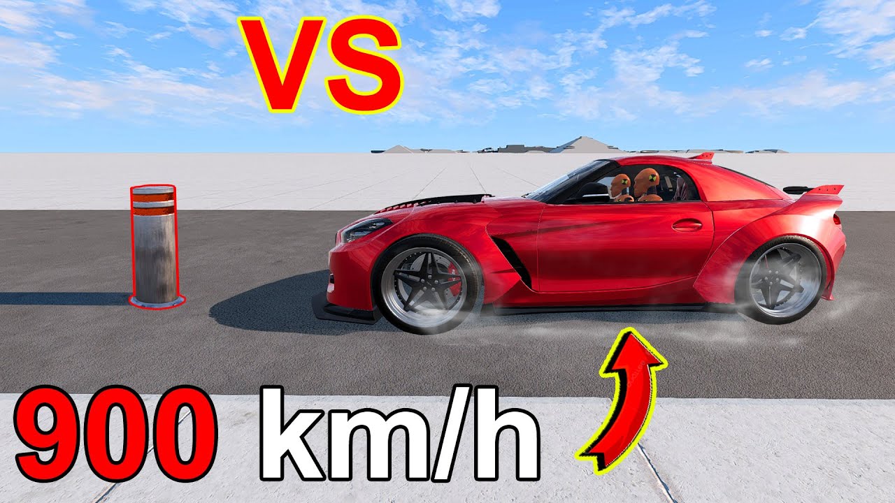 Bollard VS Super Red Car Collided at 900km/h (with Dummy) Cars Crash ...