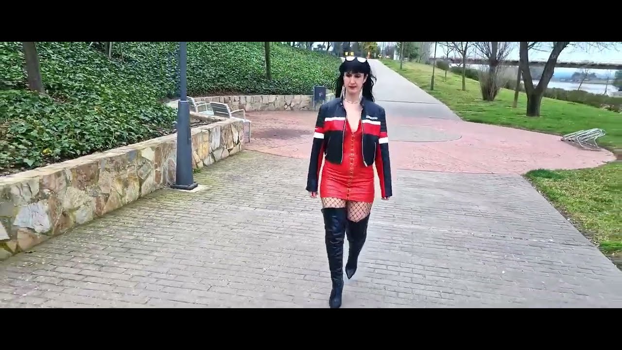 VICTORIA DEVIL- Red leather dress, black high boots and biker jacket ...