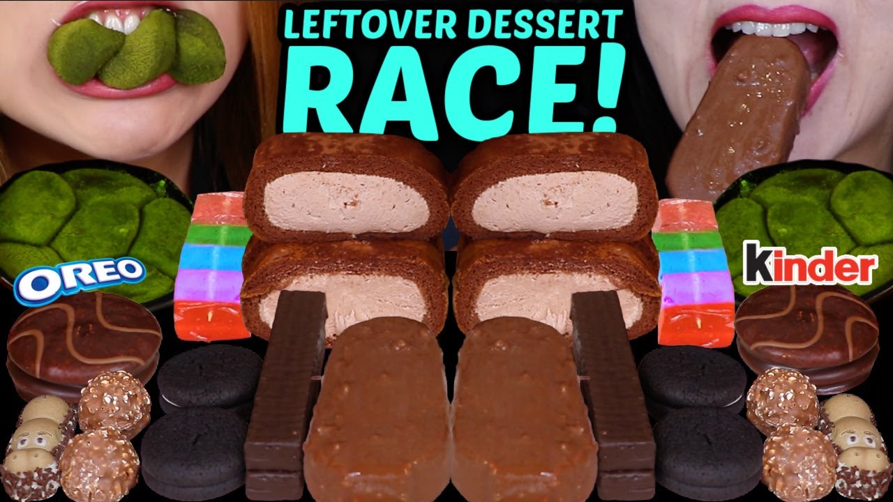 ASMR LEFTOVER DESSERT RACE! WARABI MOCHI, CHOCOLATE CREAM CAKES, KINDER ...