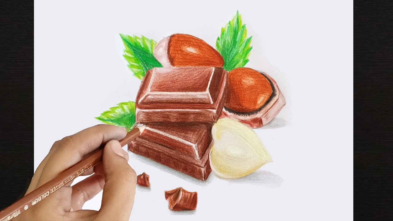 How to Draw hazelnuts and chocolate pieces realistic drawing. Easy and ...