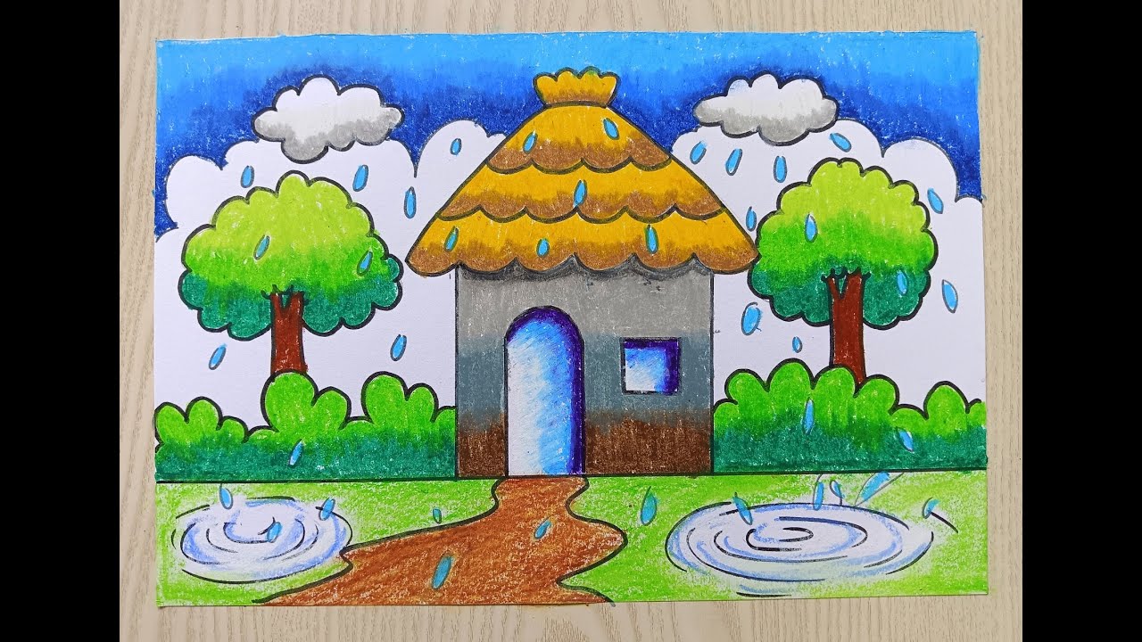 HOW TO DRAW RAINY SEASON SCENERY STEP BY STEP /RAINY DAY DRAWING EASY ...