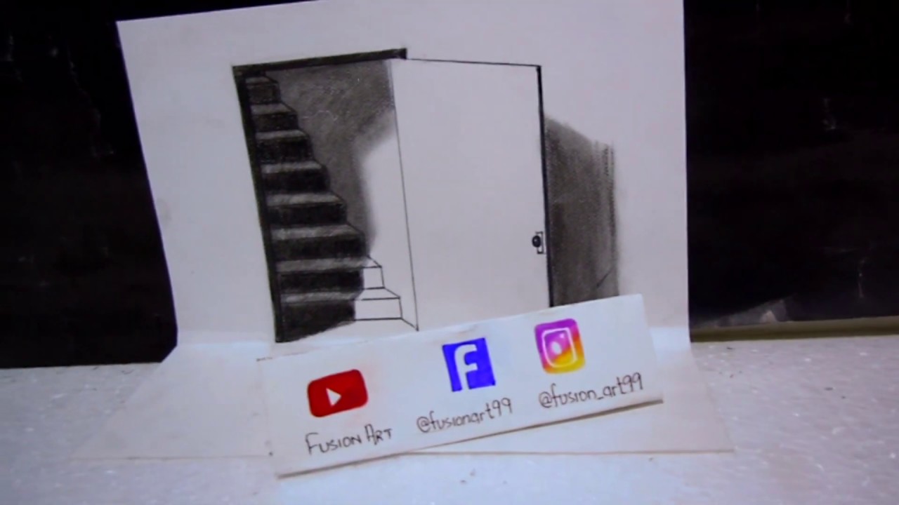 How to draw 3D door & stairs | illusion | Drawing with charcoal pencil ...