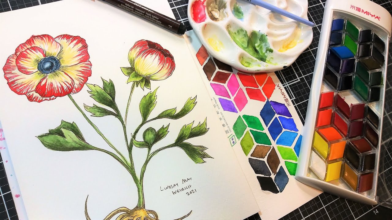 Live: Watercolor Ranunculus Tutorial With Pen & Ink - YouTube