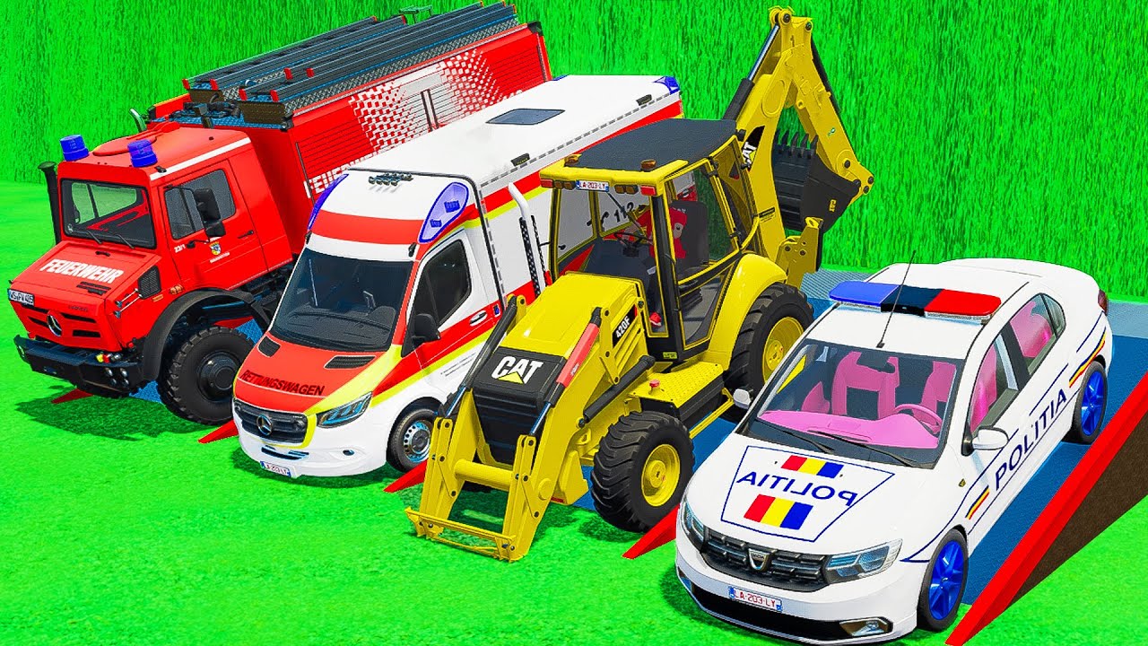 POLICE CAR, AMBULANCE , FIRE DEPARTMENT, LOADER TRANSPORTING WITH MAN ...