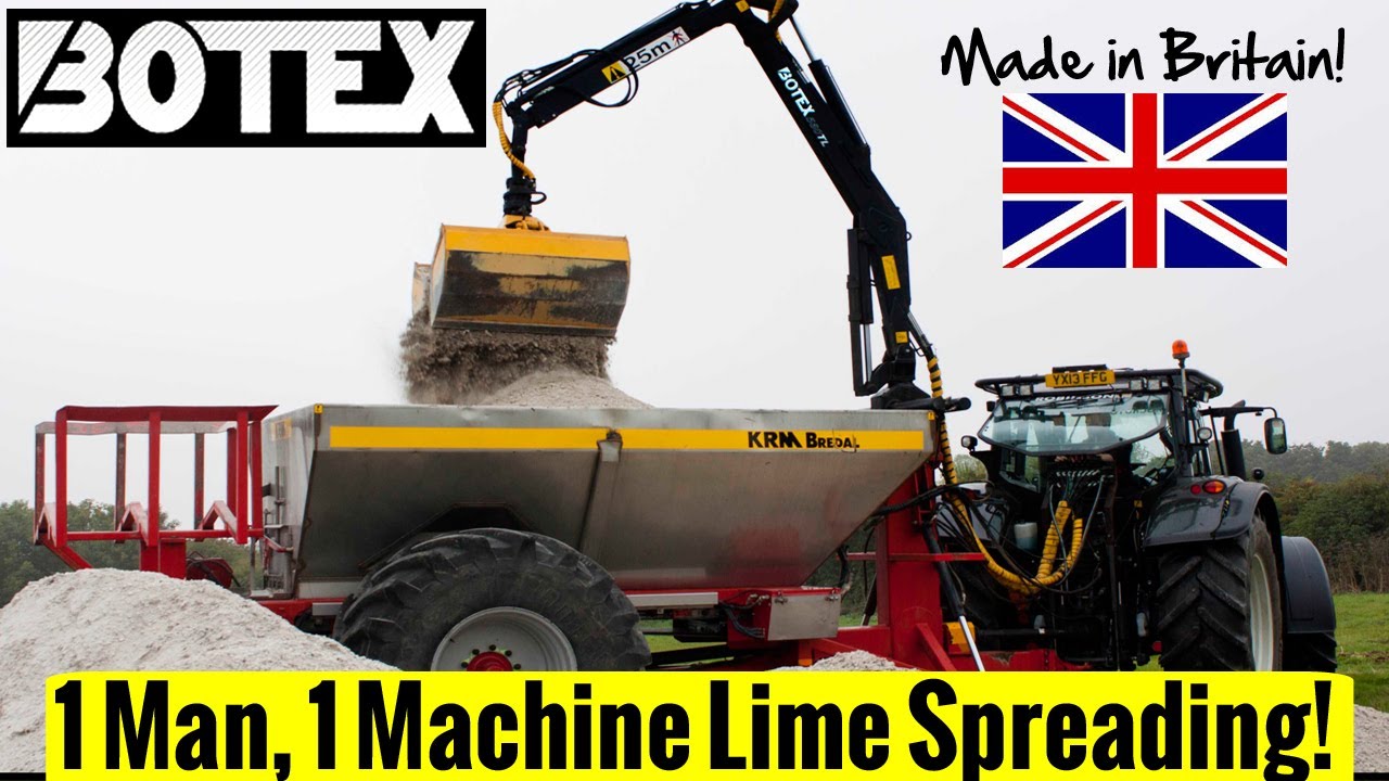 Botex 560 Loader Lime Spreading - fitted to KRM Spreader - YouTube