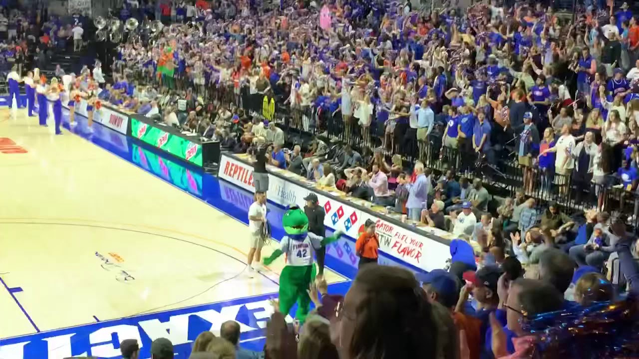 2020 Feb 18 Florida Gators timeout and Albert cheering with crowd ...