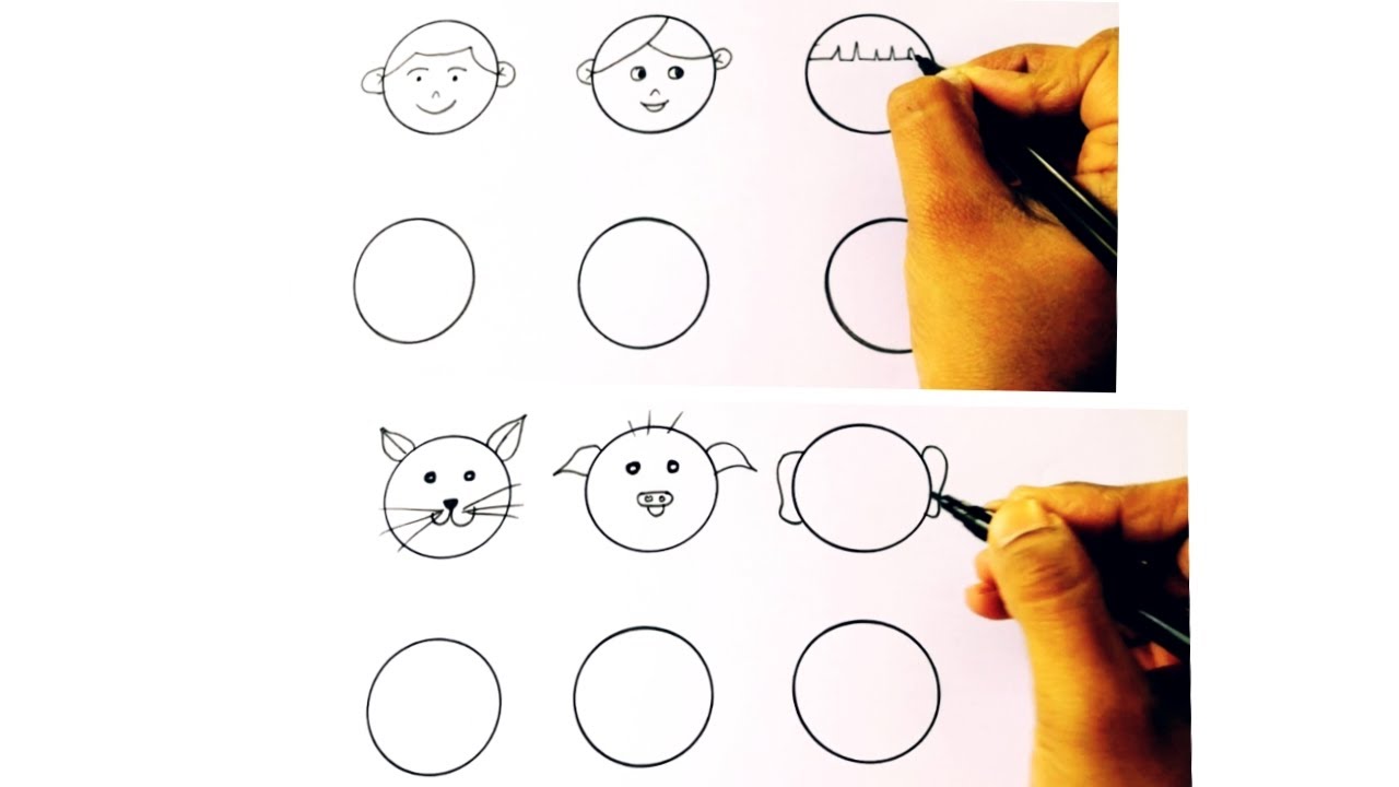 How to draw Animal Face & Human Face with Circle// Easy trick for kids ...