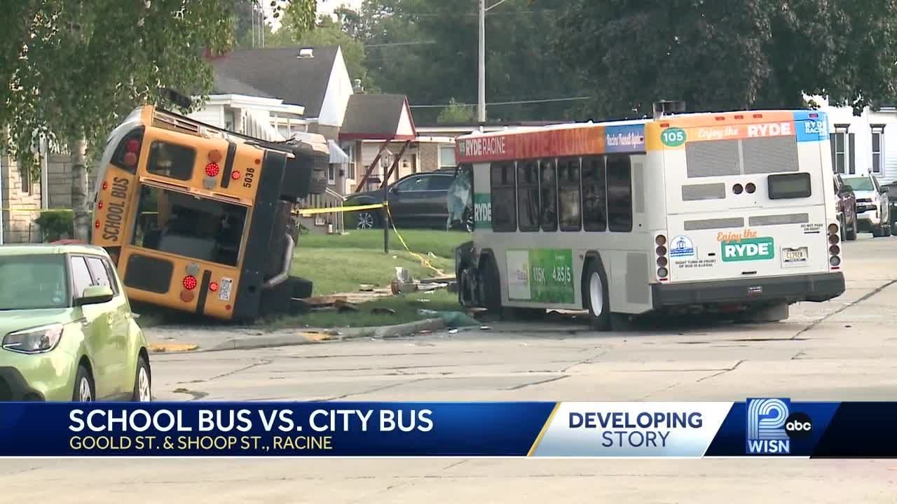 School bus hits Racine city bus - YouTube