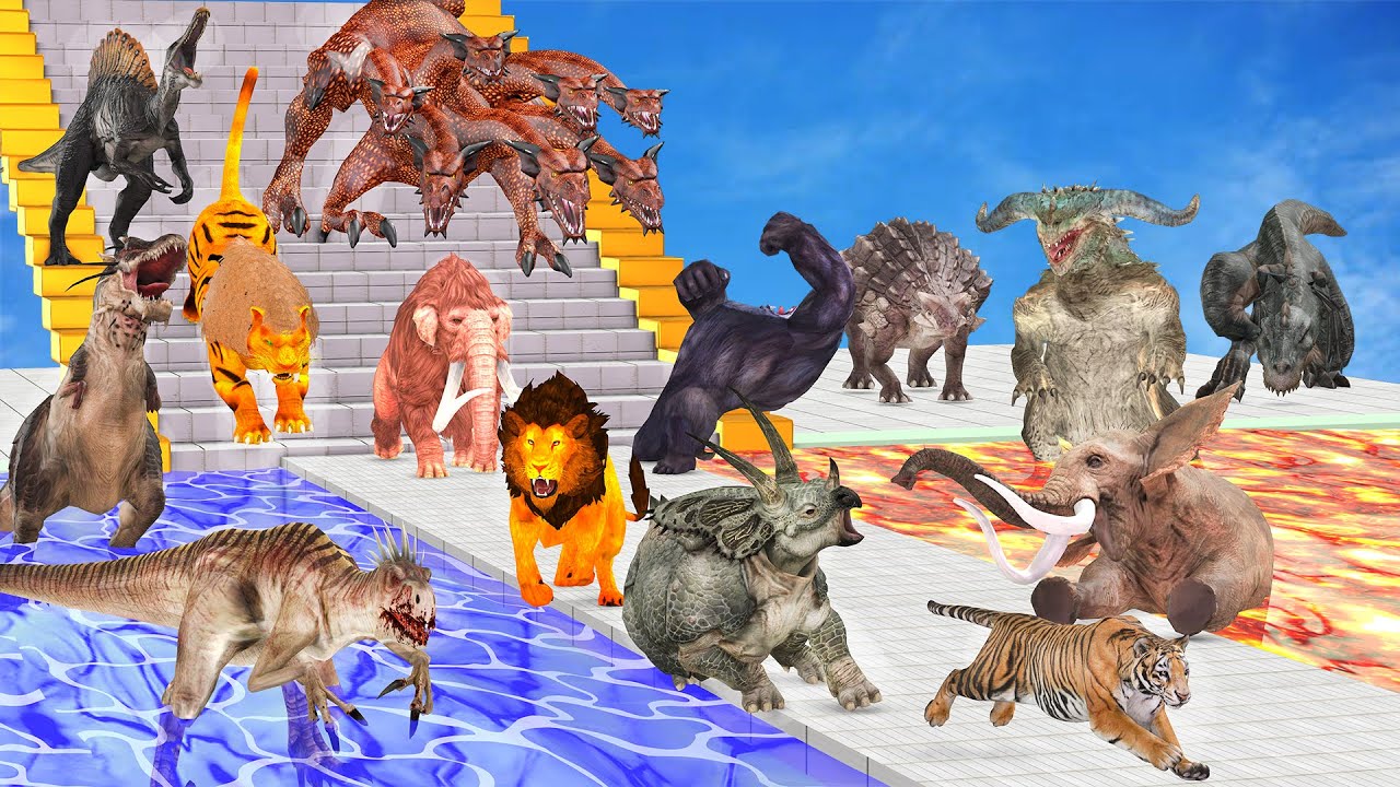 Dinosaurs Vs Animals Falling Down the Stairs into Lava Path - Stairs ...