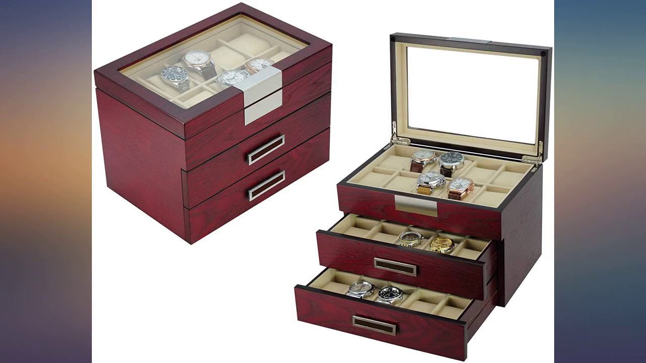 TIMELYBUYS 20 Cherry Wood Watch Box Display Case 2 Level Storage ...