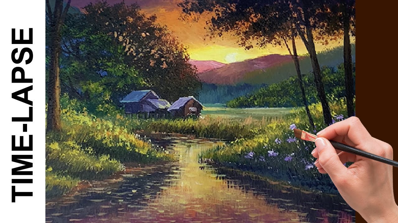 Time-Lapse | Acrylic Sunset Landscape Painting For Beginner | Painting ...