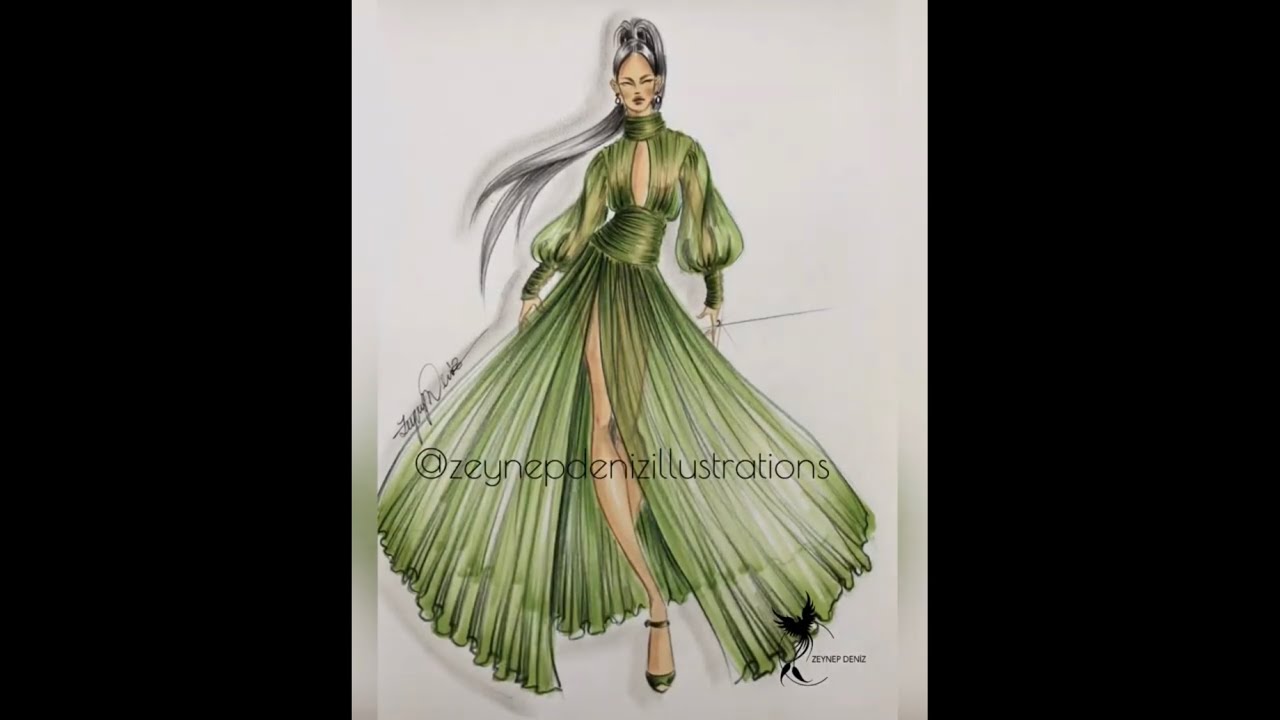 Chiffon dress marker rendering-Fashion sketch tutorial by ZEYNEP DENIZ ...