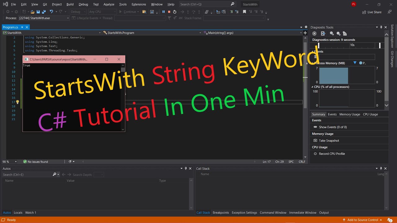 C C Sharp Tutorial In One Min Using Startswith Keyword Console App Youtube