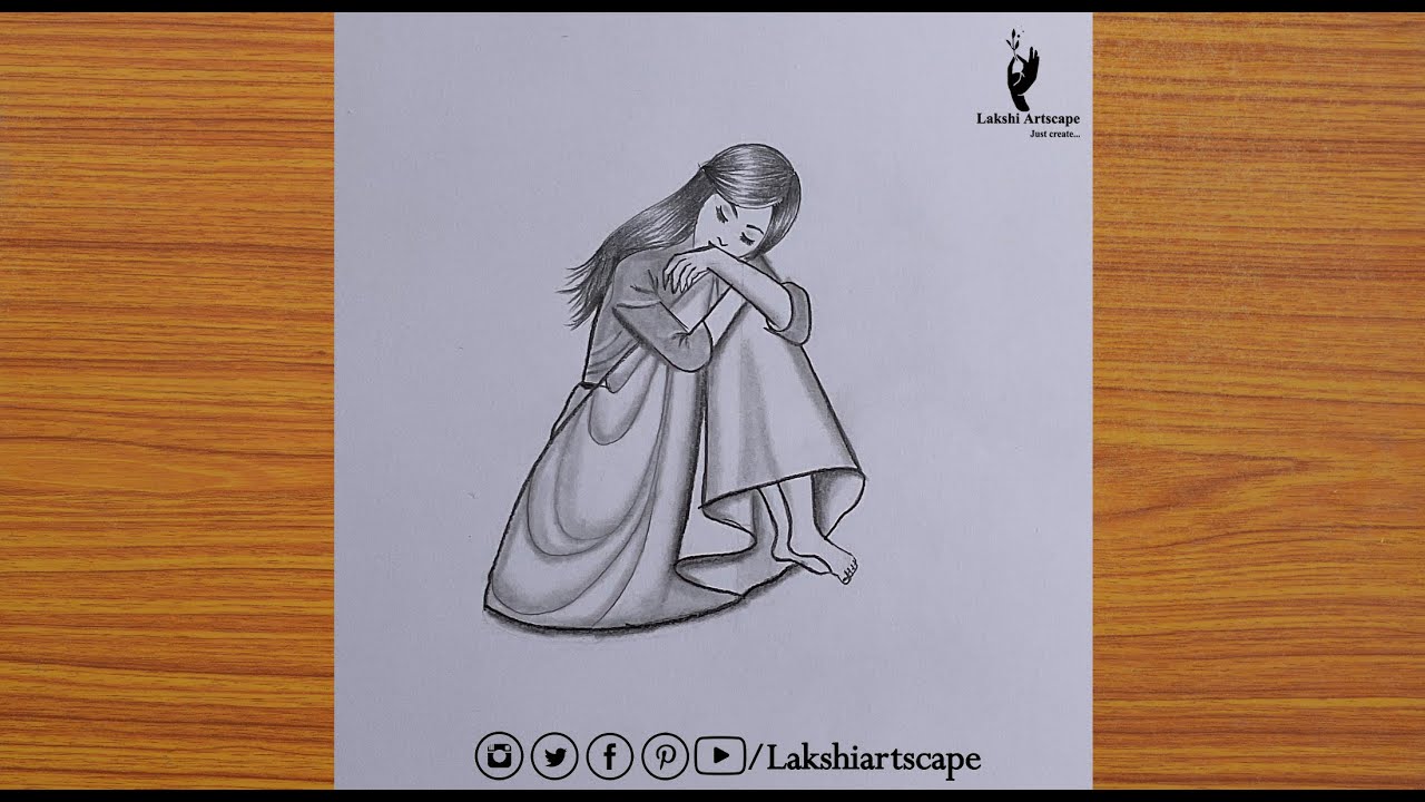 How to draw sad girl sitting | sad girl drawing easy step by step ...