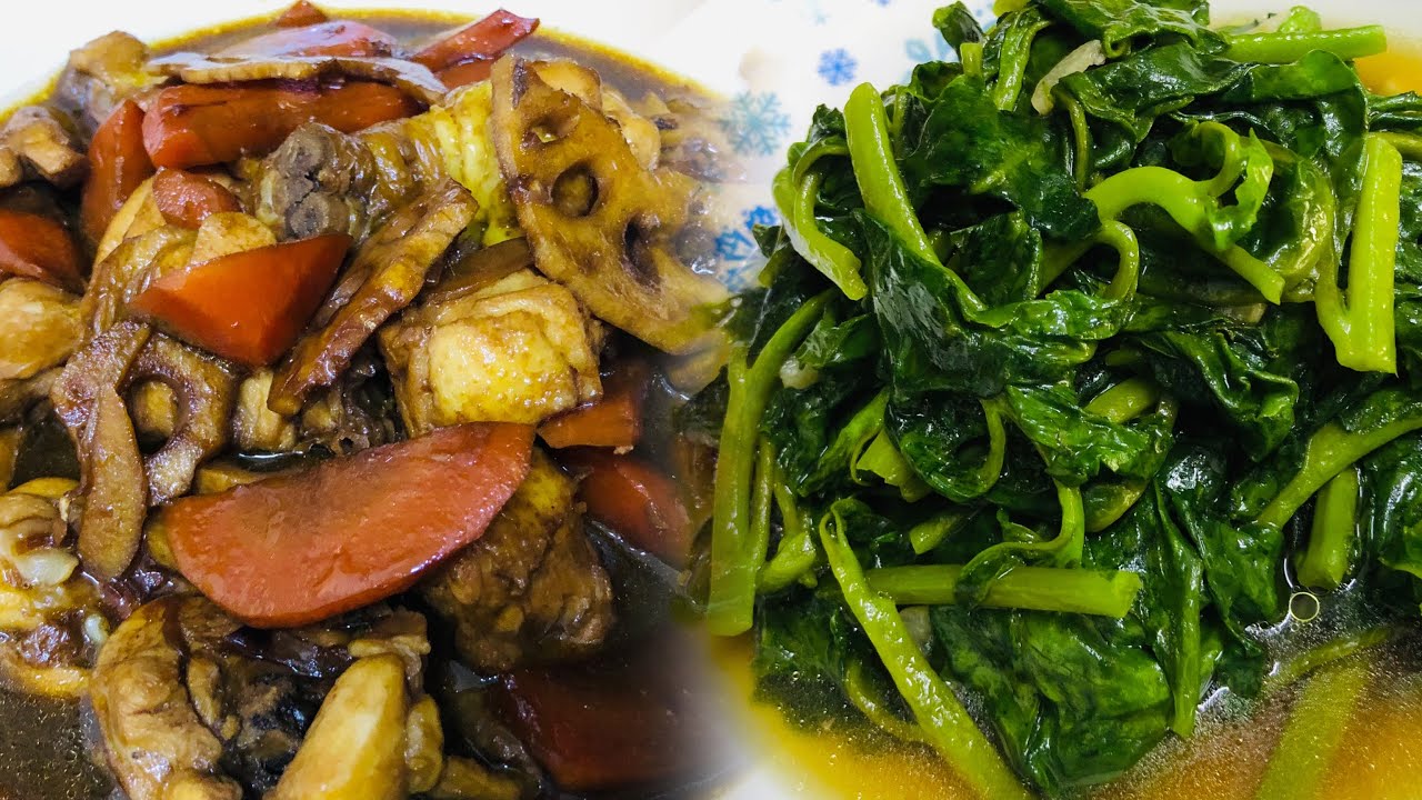 Ayam masak akar teratai dan lobak merah / Sayur Raja tumis bawang putih ...
