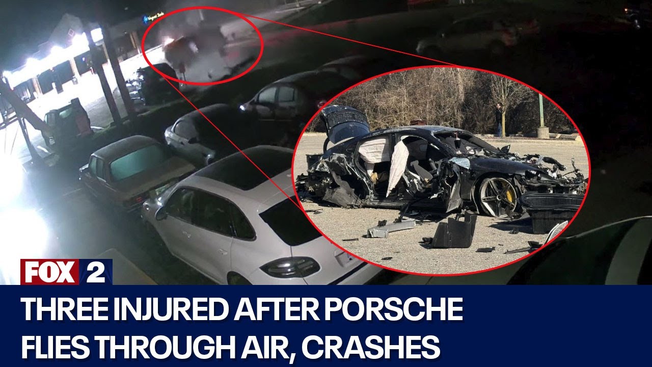 Three injured after Porsche flies through air, crashes - YouTube