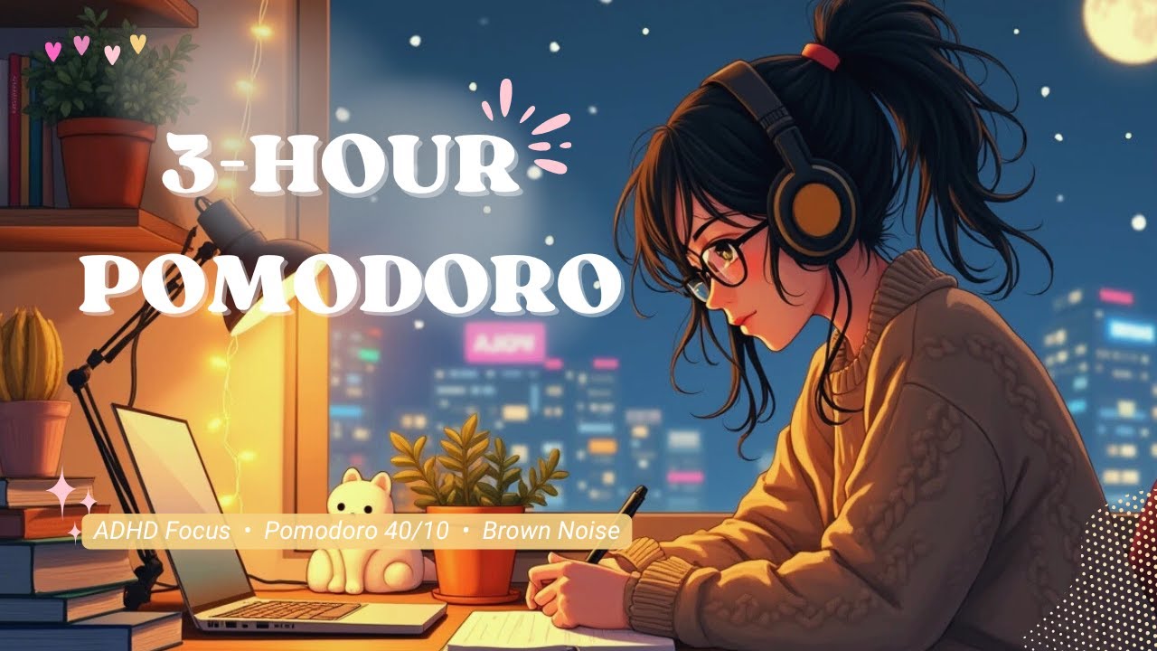 LATE NIGHT STUDY: 3HR Pomodoro 40/10 for ADHD | 40-Min Focus, 10-Min Break | Brown Noise - YouTube