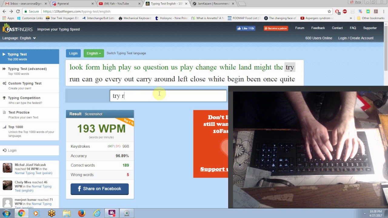 123 Wpm On 10fastfingers With Dvorak Keyboard Youtube