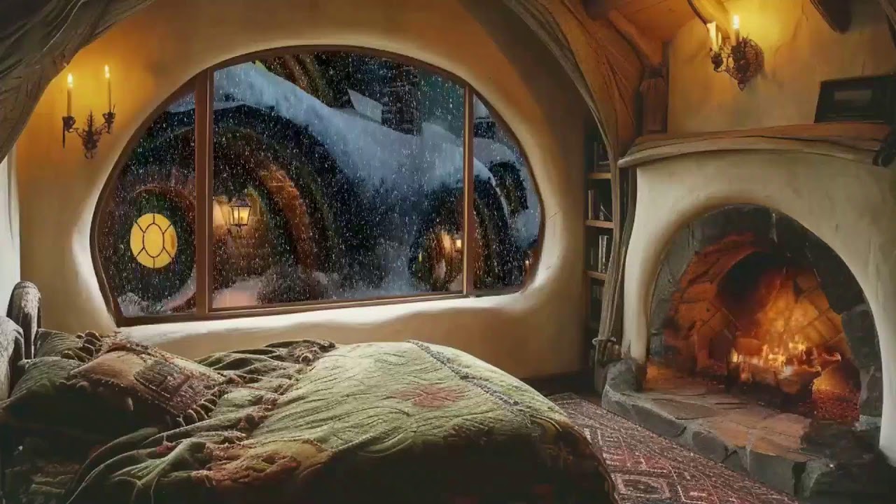 🔴Sleep Video LIVE Hobbit Winter Snow Home by the Fireplace with Light ...