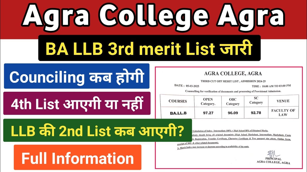 BA LLB 3rd list agra college 2024-25 | Agra college ba llb 3rd merit ...