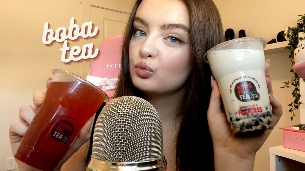 ASMR Boba Tea Mukbang (mouth sounds, soft tapping) - YouTube