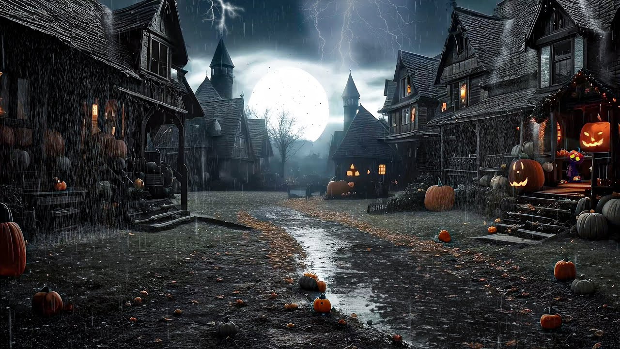 Stormy Halloween Village - Rainy Halloween Ambience | Heavy Rain ...