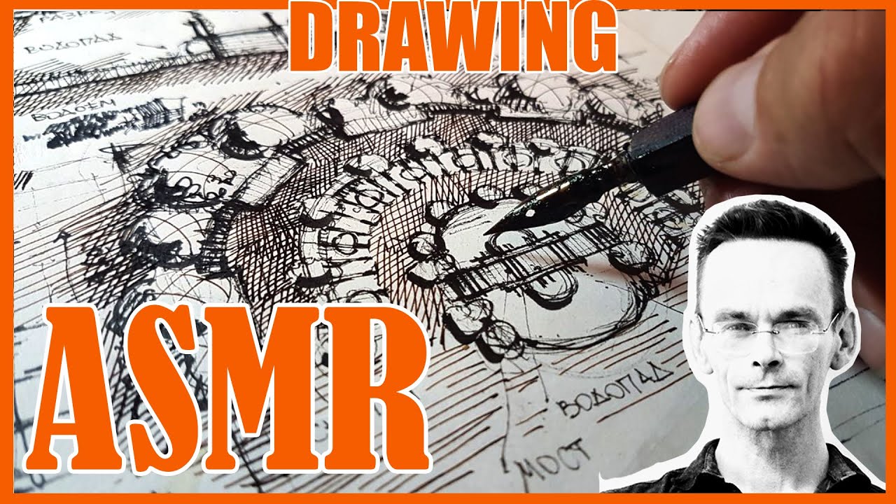 ASMR. Drawing. Ink and Pen. Triggers and Calming. I draw a landscape ...