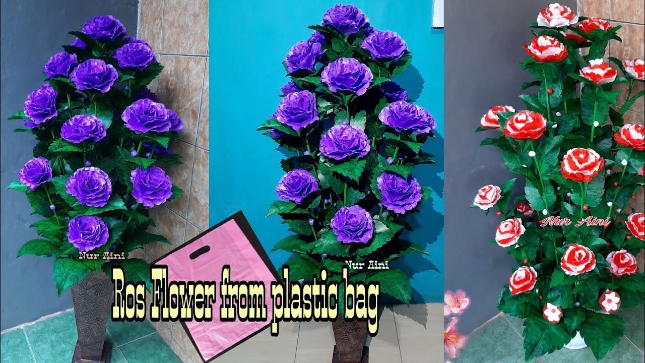 Cara membuat bunga mawar sudut ruangan dari plastik kresek//how to make ...