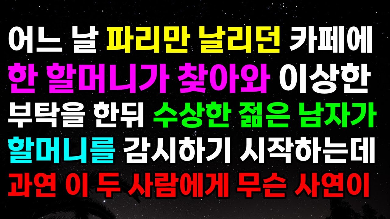 어느 날 파리만 날리던 카페에 한 할머니가 찾아와 이상한 부탁을 한 뒤 수상한 젊은 남자가 할머니를 감시하기 시작하는데 과연 이 두 사람에게 무슨 사연이 Youtube