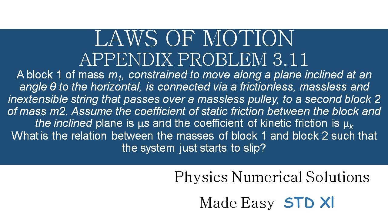STANDARD XI - LAWS OF MOTION -APPENDIX PROBLEM 3.11 - YouTube