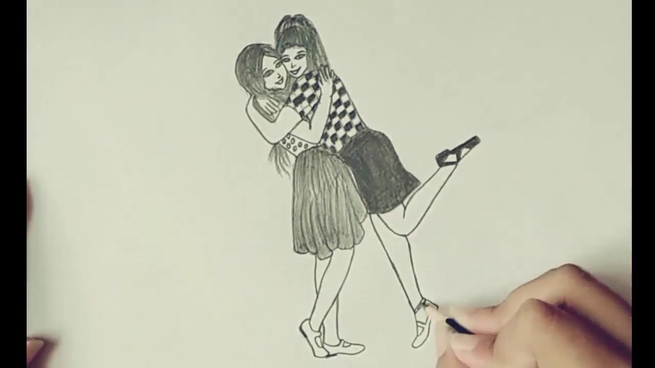How to draw two friends hugging each other || paper pencil drawing ...