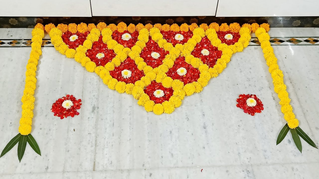 Simple Rangoli Design with flowers ll Thoran Decoration with flowers ...