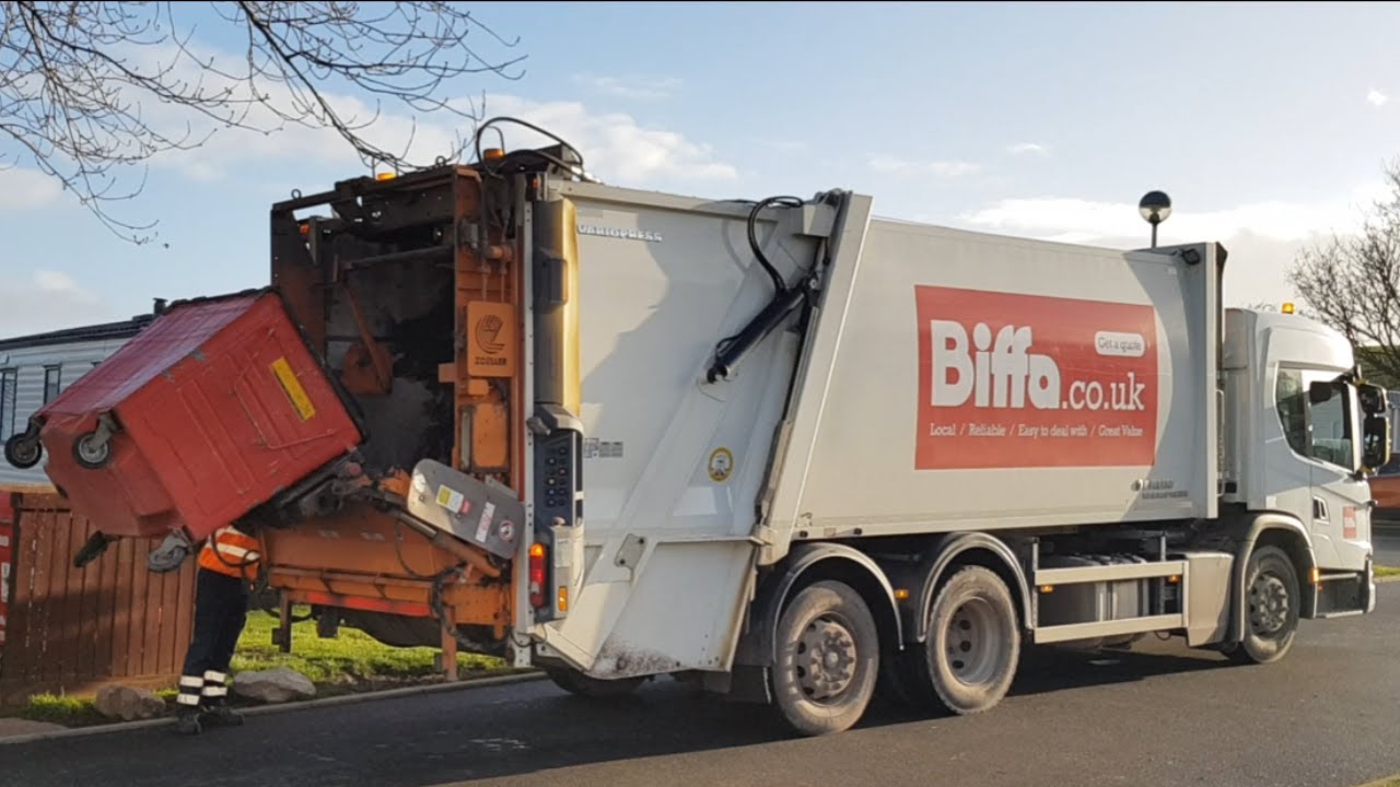 Biffa Scania L320 Bin Lorry Emptying Holiday Park Bins! - YouTube