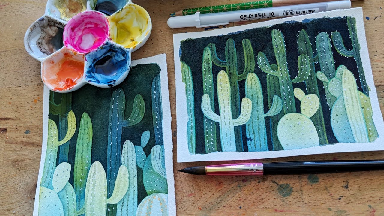 🌵How to Paint Watercolor Cacti | Negative Painting Technique | Beginner ...