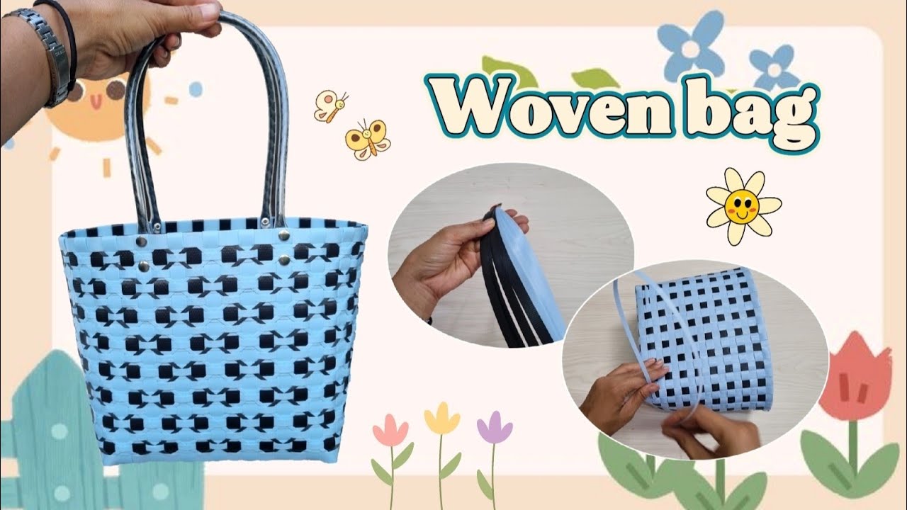 วิธีสานกระเป๋าจากเส้นพลาสติก โทนสีฟ้า | Woven plastic line art ideas ...