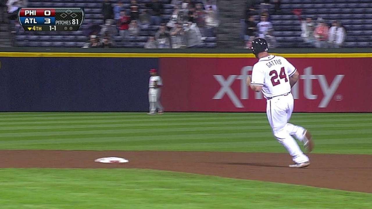 PHI@ATL: Gattis homers on first hit while dad watches - YouTube