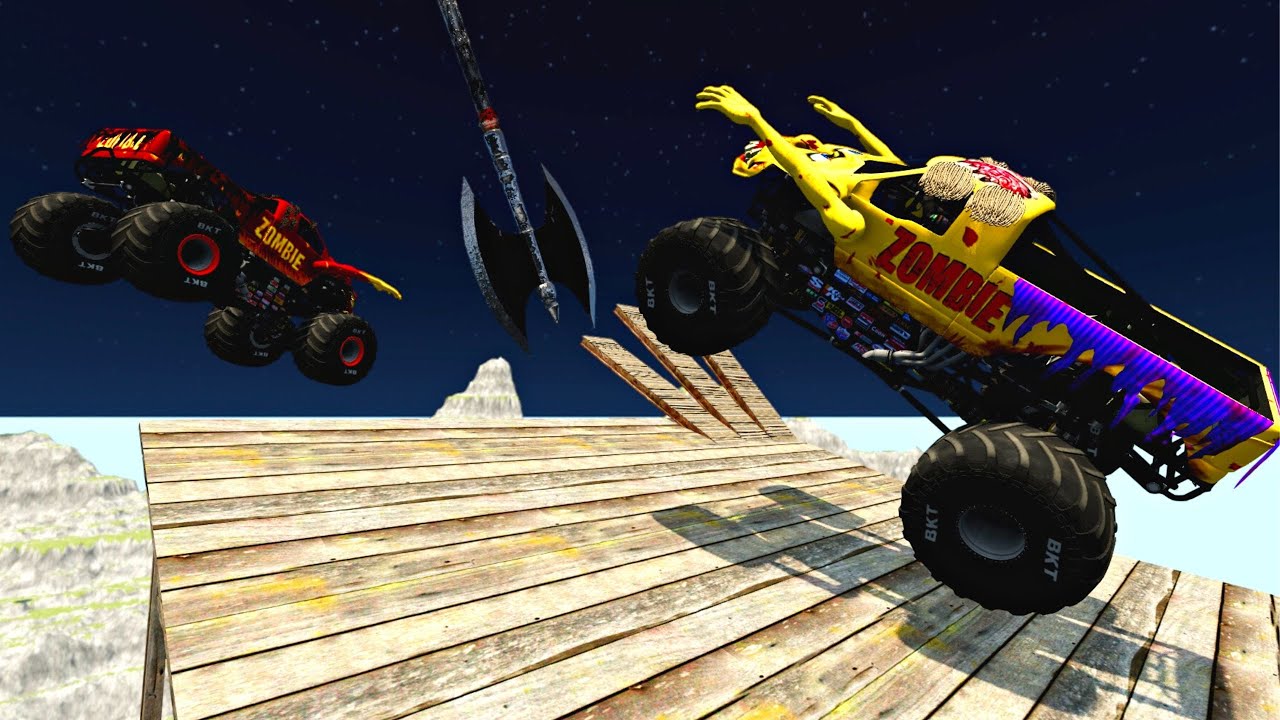 ZOMBIE and EL TORO LOCO Monster Jam VS Decent Cliff jump broken bridge ...