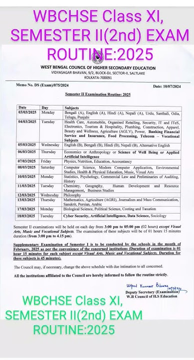WBCHSE Class XI, SEMESTER II(2nd) EXAM ROUTINE:2025 - YouTube